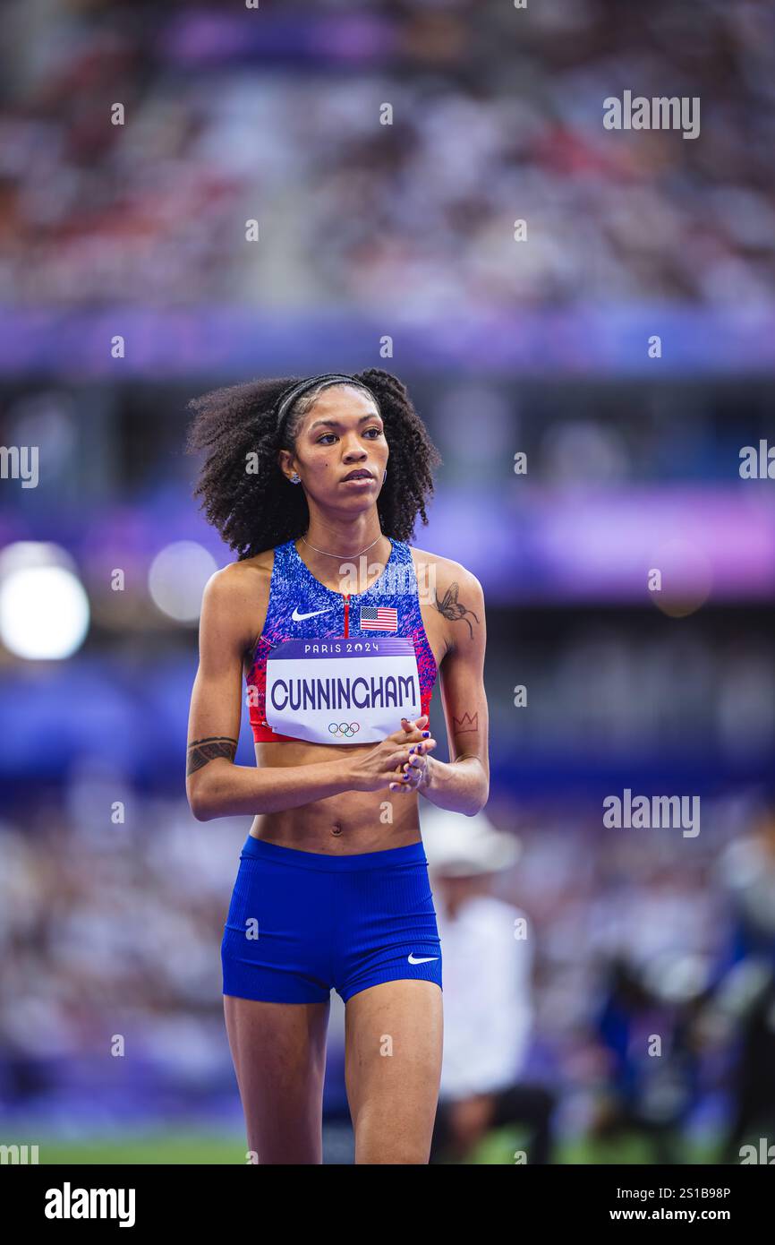 Vashti Cunningham participating in the high jump at the Paris 2024 ...