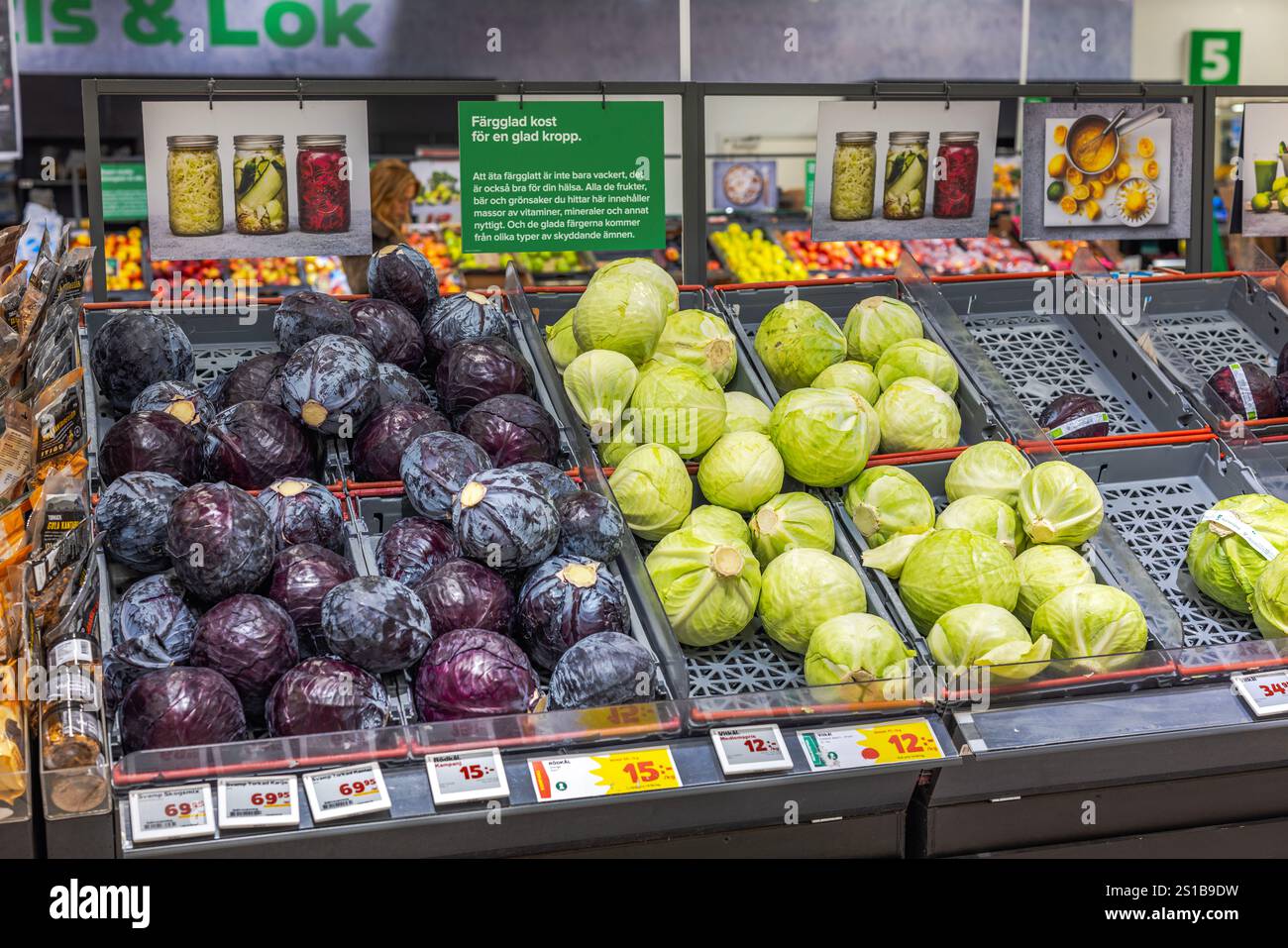 Fresh display of red and green cabbage in grocery store vegetable ...