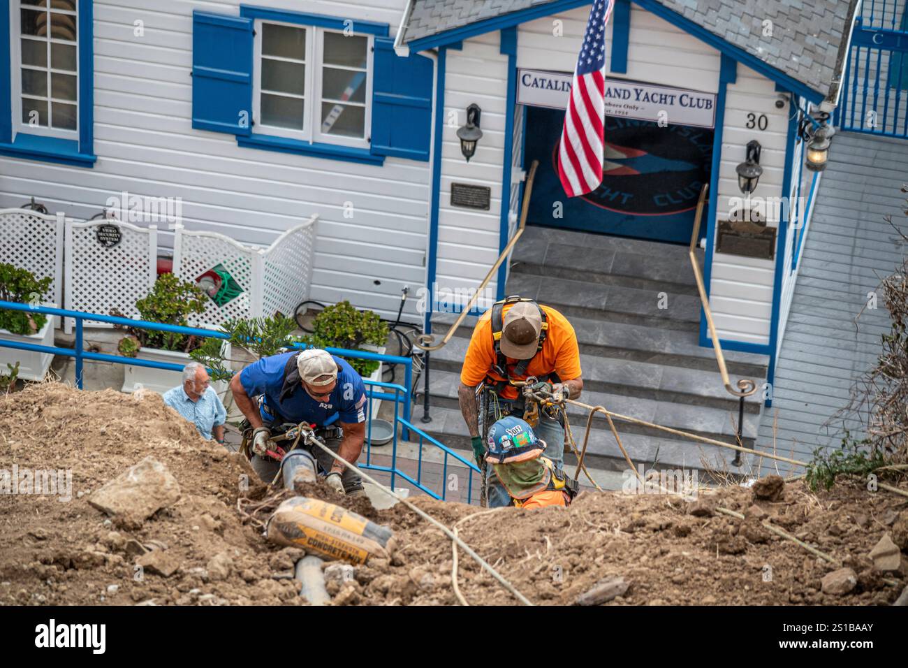 Shoring up eroding cliffside, Town of Avalon, Catalina Island, Channel ...
