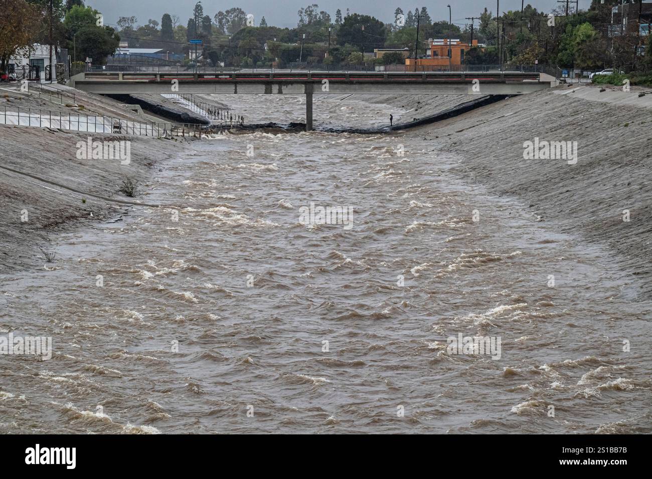 Ballona Creek with very high water levels during Atpmospheric river ...