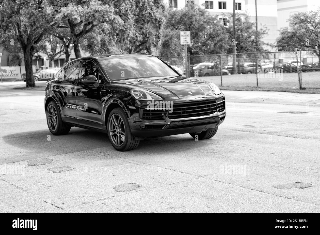 Miami Beach, Florida USA - April 15, 2021: black Porsche Cayenne, front ...