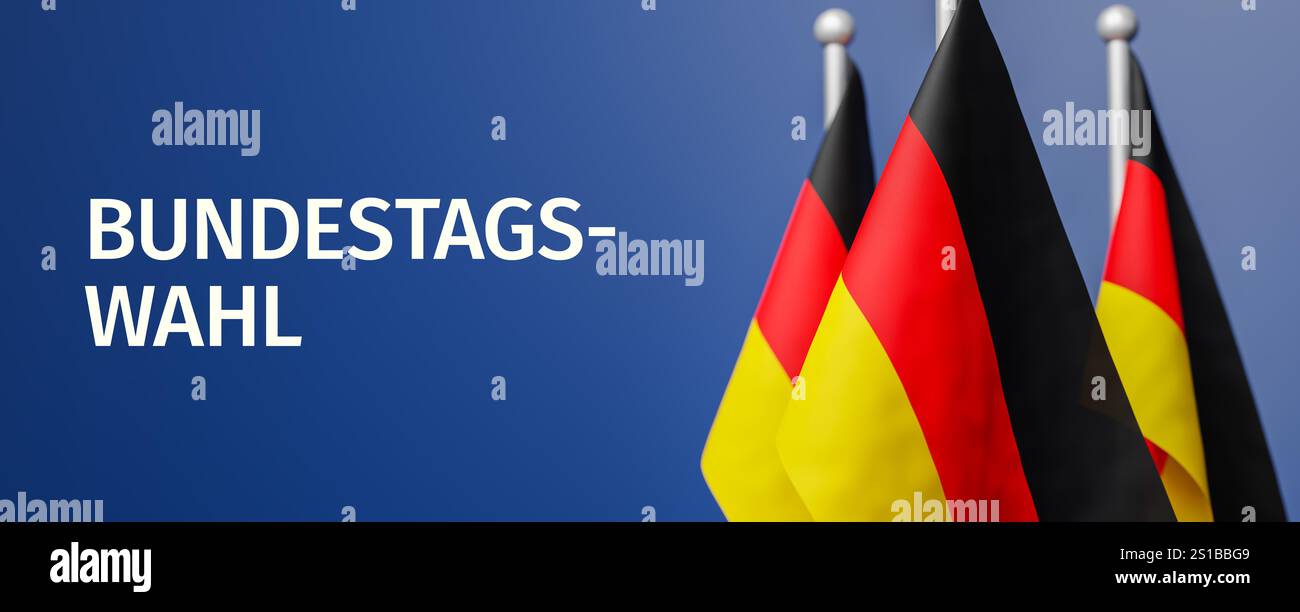 Text "Bundestagswahl" (Federal Election) on Flags of Germany in front ...