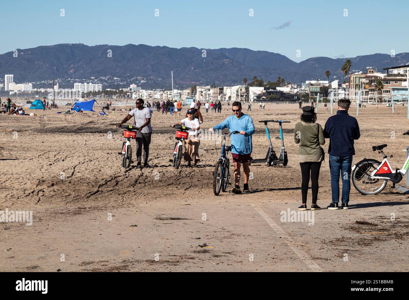 Beach sand overflows bike path after very high tides, Playa Del Rey ...
