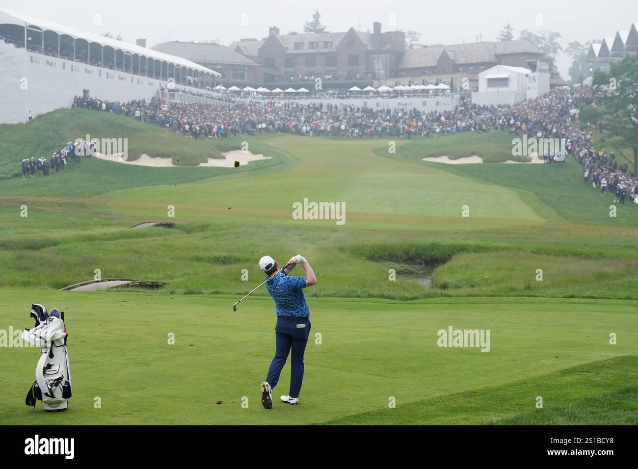 Hamilton, Canada. 02nd June, 2024. Scotland's Robert MacIntyre hits an approach shot on the 18th ...