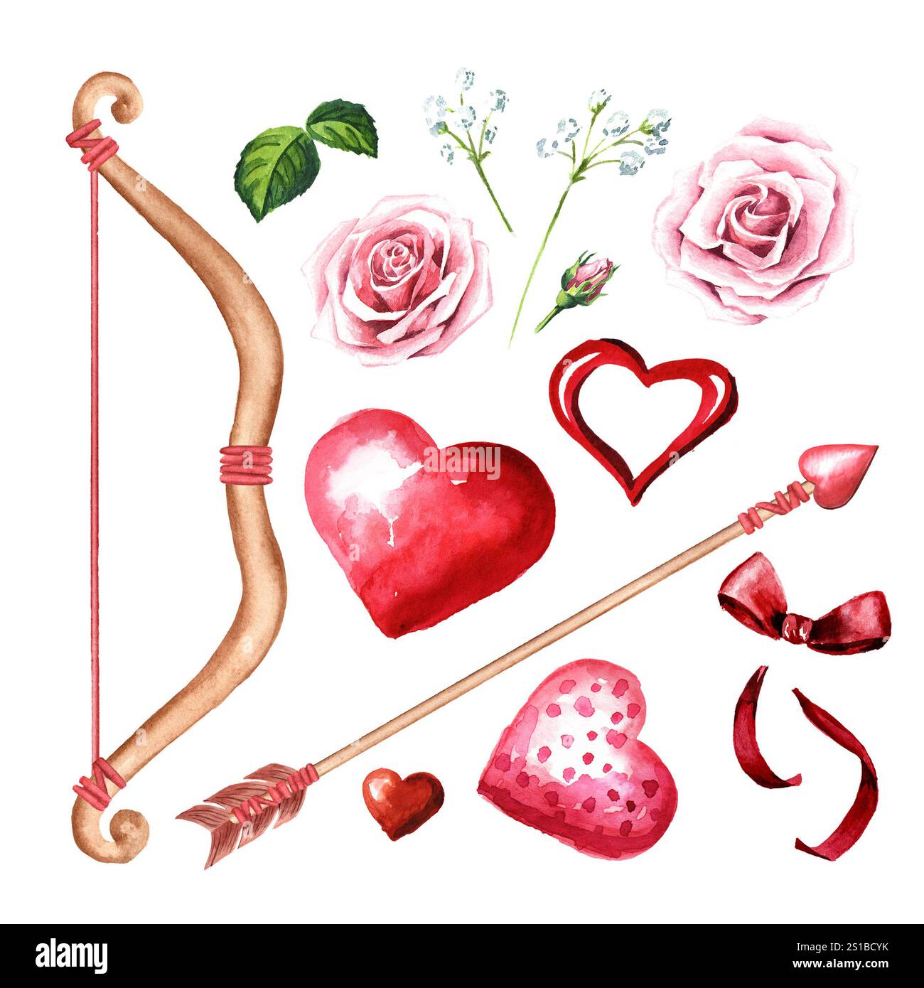 Cupid's bow and arrow with hearts and rose flowers set. Watercolor hand ...