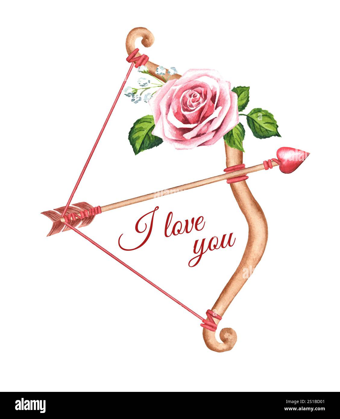 Cupid's bow and arrow with rose flowers. Watercolor hand drawn ...
