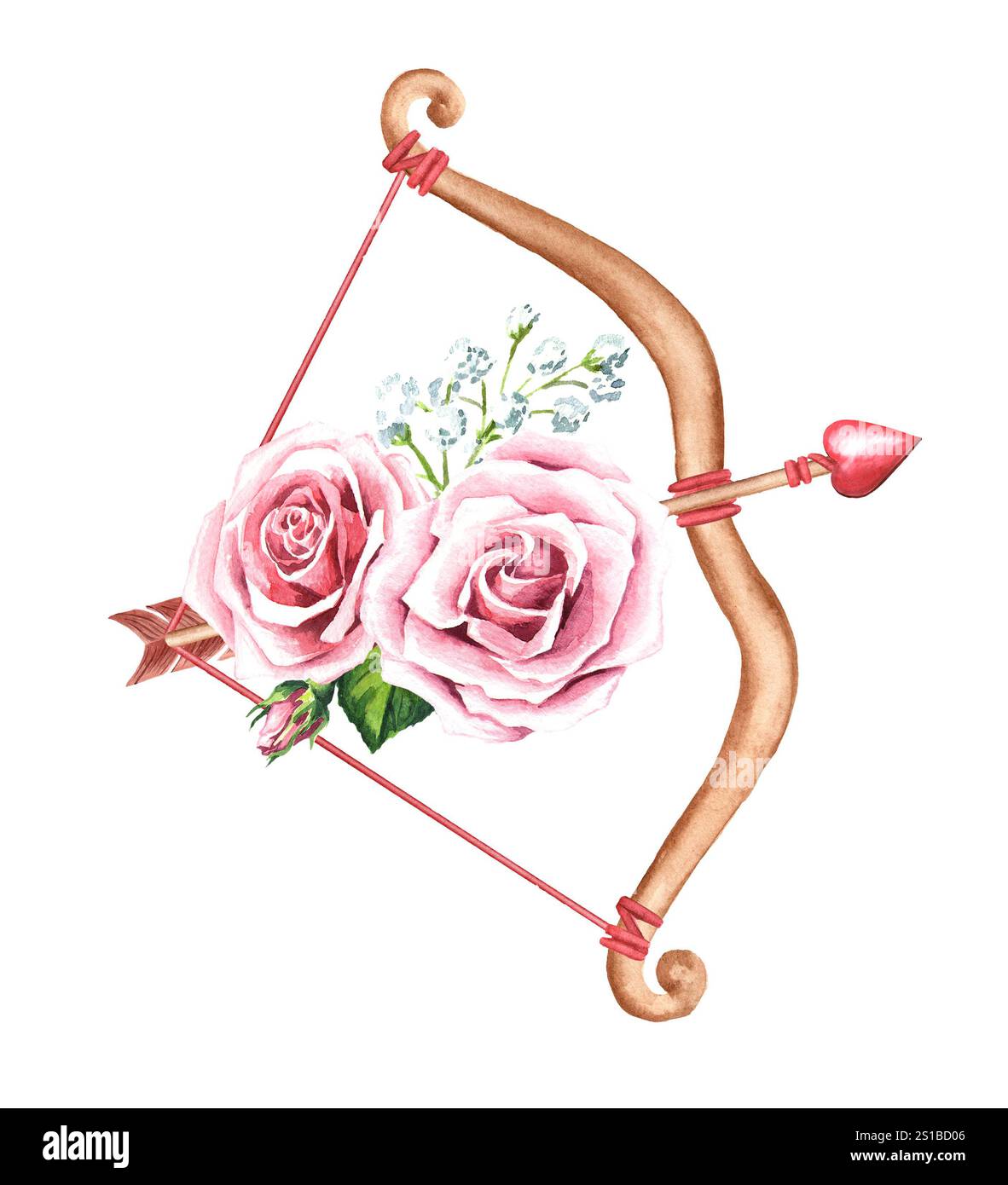 Cupid's bow and arrow with rose flowers. Watercolor hand painted ...