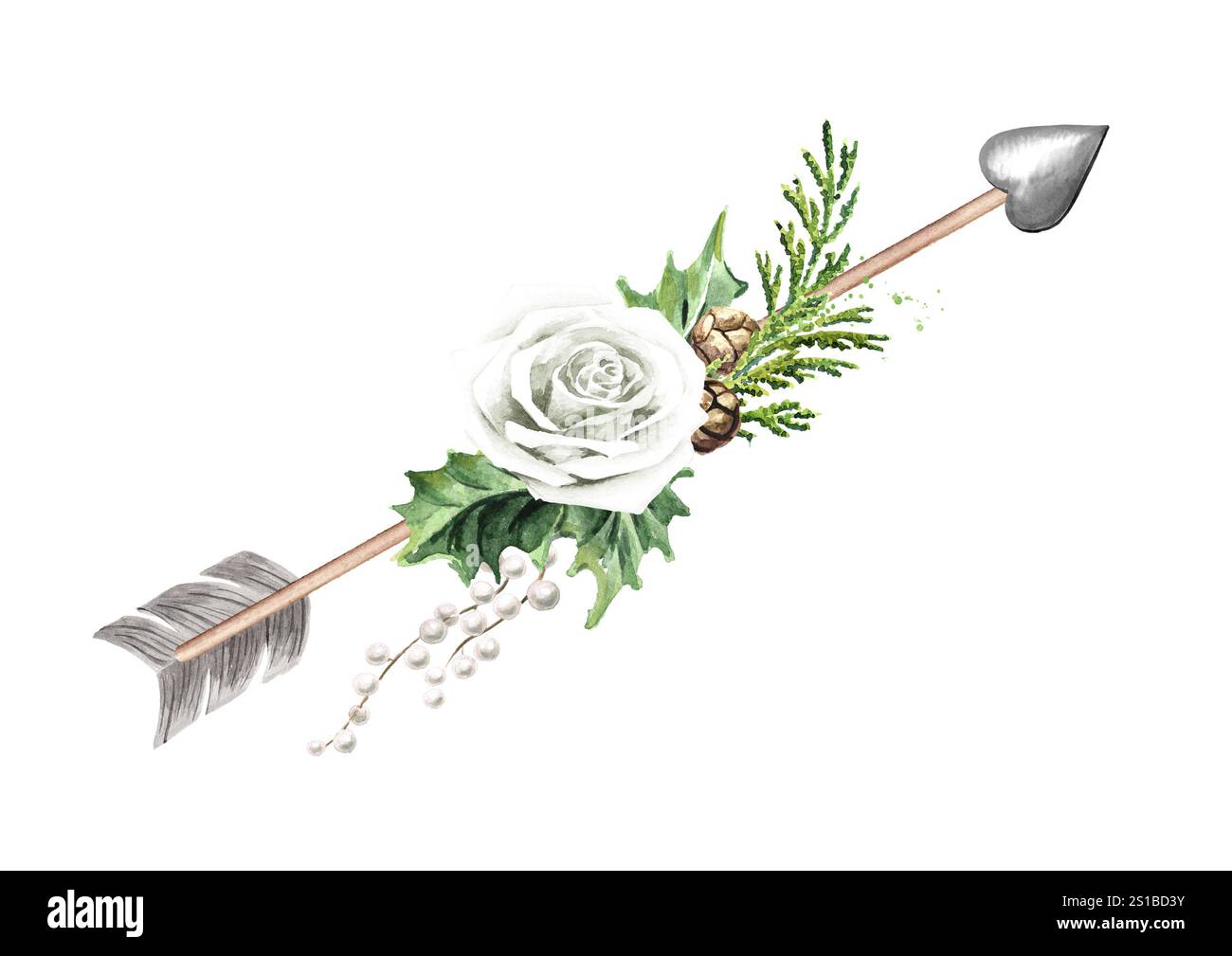 Cupid's Valentine's arrow with white rose flower. Watercolor hand ...