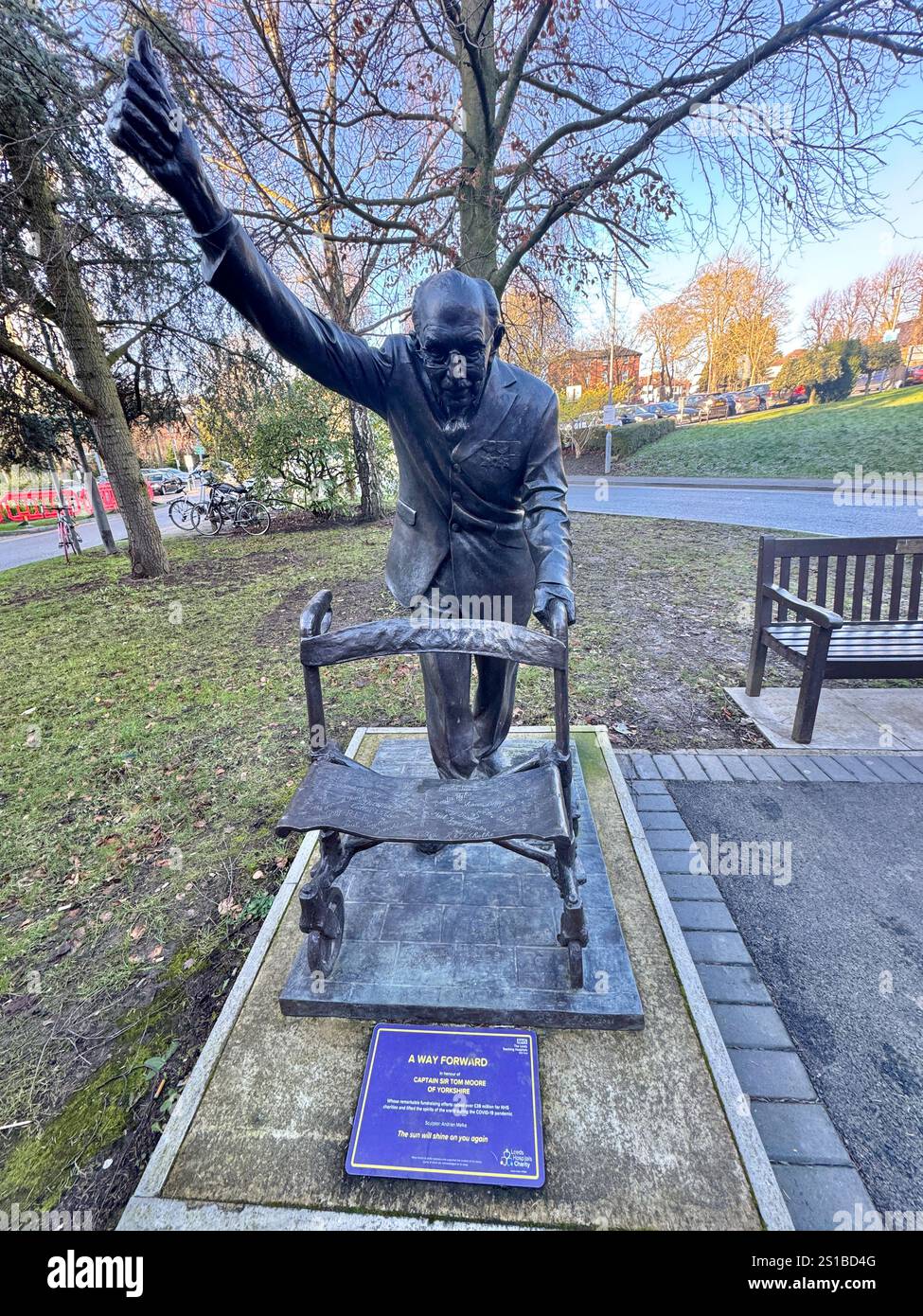 A bronze statue of Captain Sir Tom Moore, a British army captain and fundraiser, donated to ...