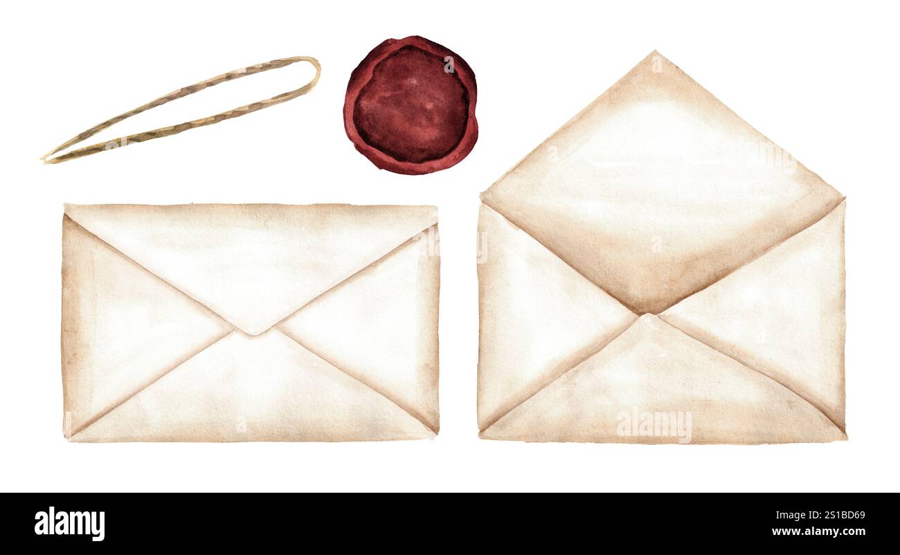 Envelope open and closed and sealing wax seal set. Watercolor hand ...