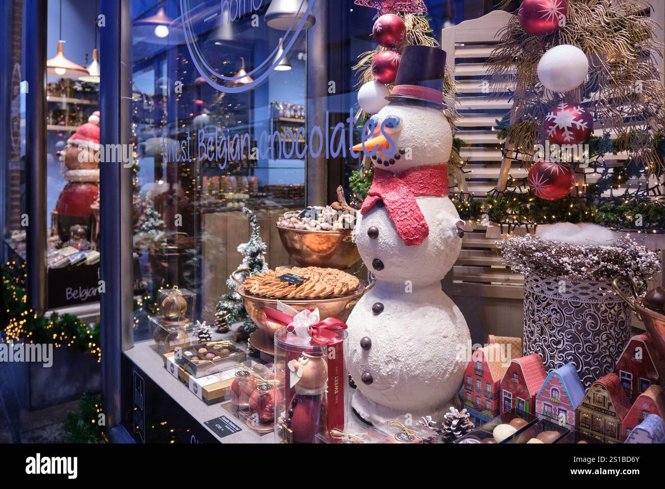 Christmas window display of a chocolate shop in Bruges, West Flanders ...