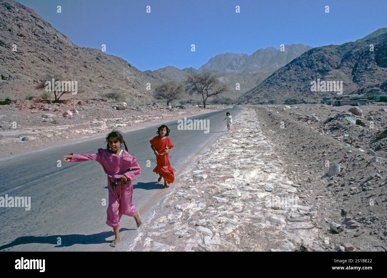 Beduin children begging, girls, view of Mount Serbal, road, Sinai ...