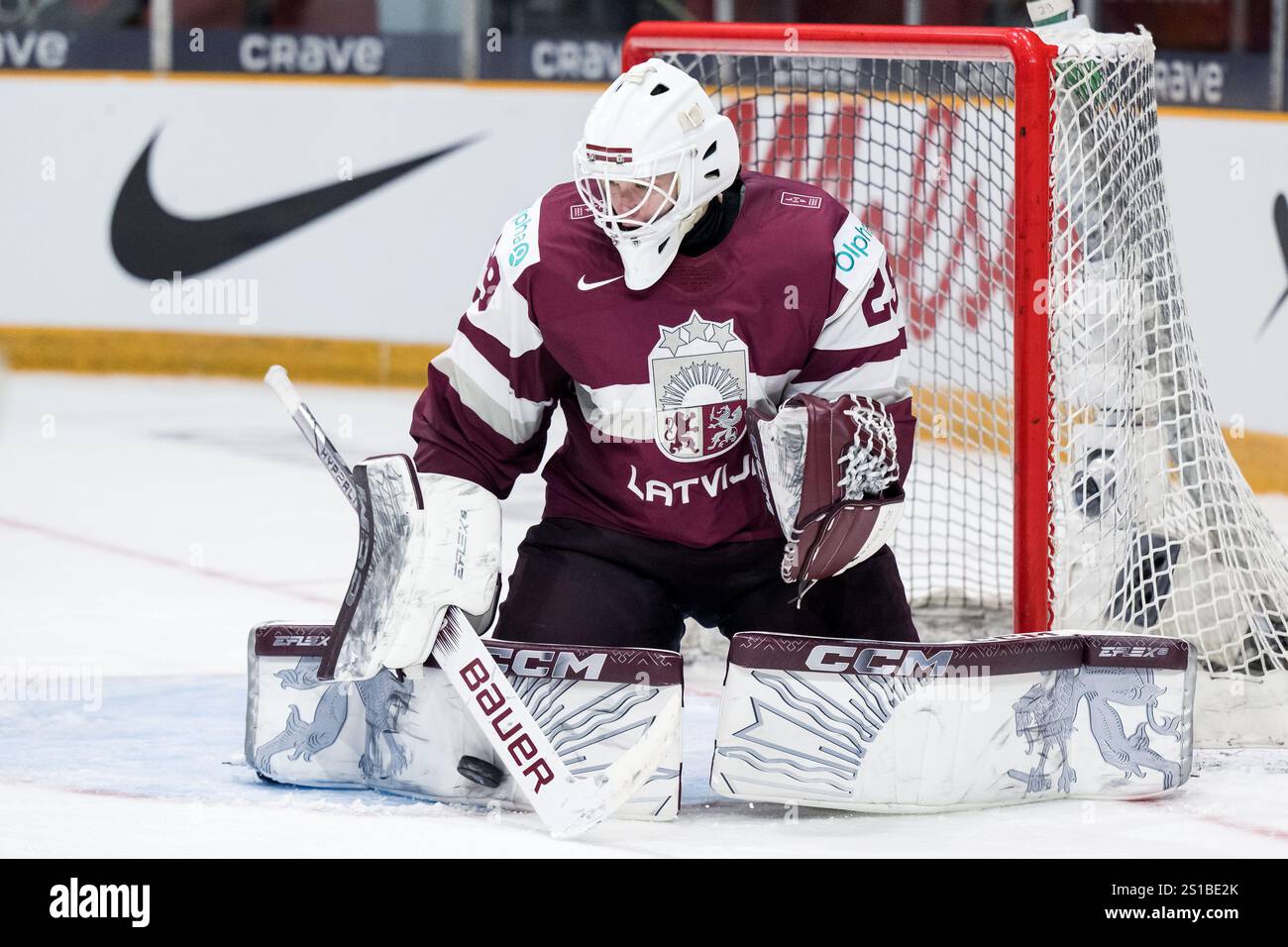 Goaltender Linards Feldbergs of, Latvia. , . during the 2025 IIHF World ...