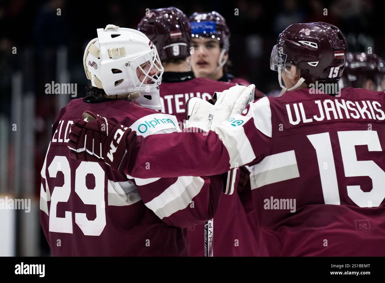 Goaltender Linards Feldbergs of, Latvia. , . looks dejected after the ...