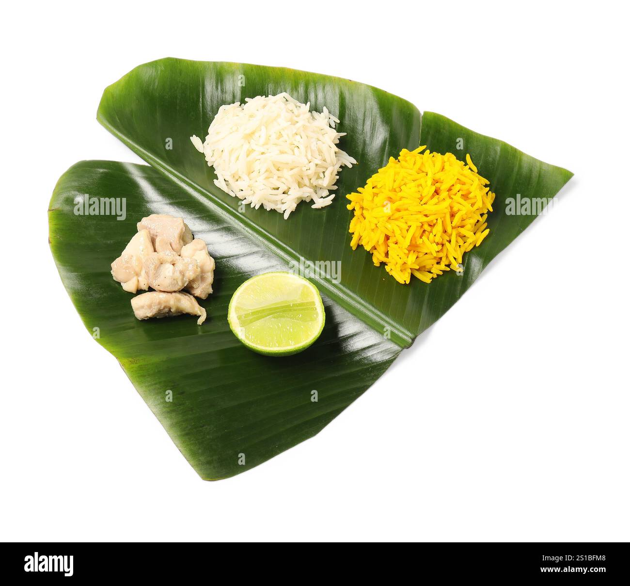 Cut banana leaf with different food isolated on white, above view ...