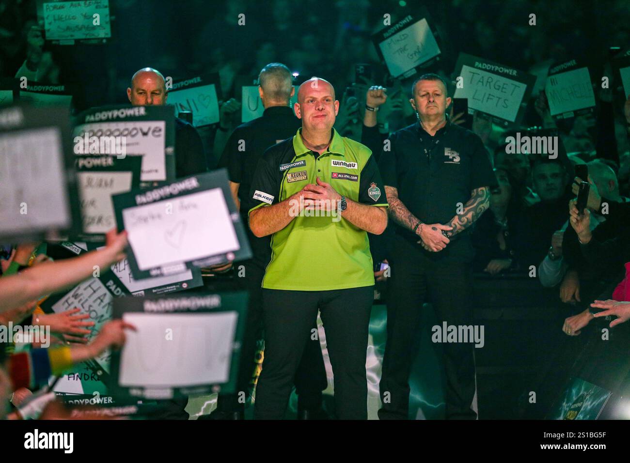 London, UK. 02nd Jan, 2025. Michael van Gerwen smiles walk on during the Paddy Power World Darts ...