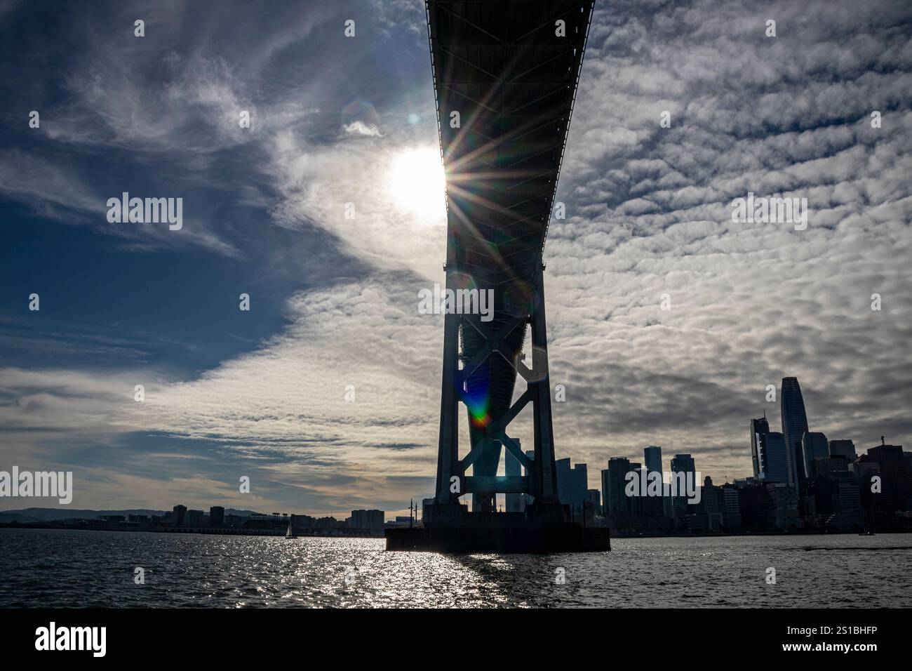View from ferry underneath the Oakland-Bay Bridge, San Francisco Bay ...