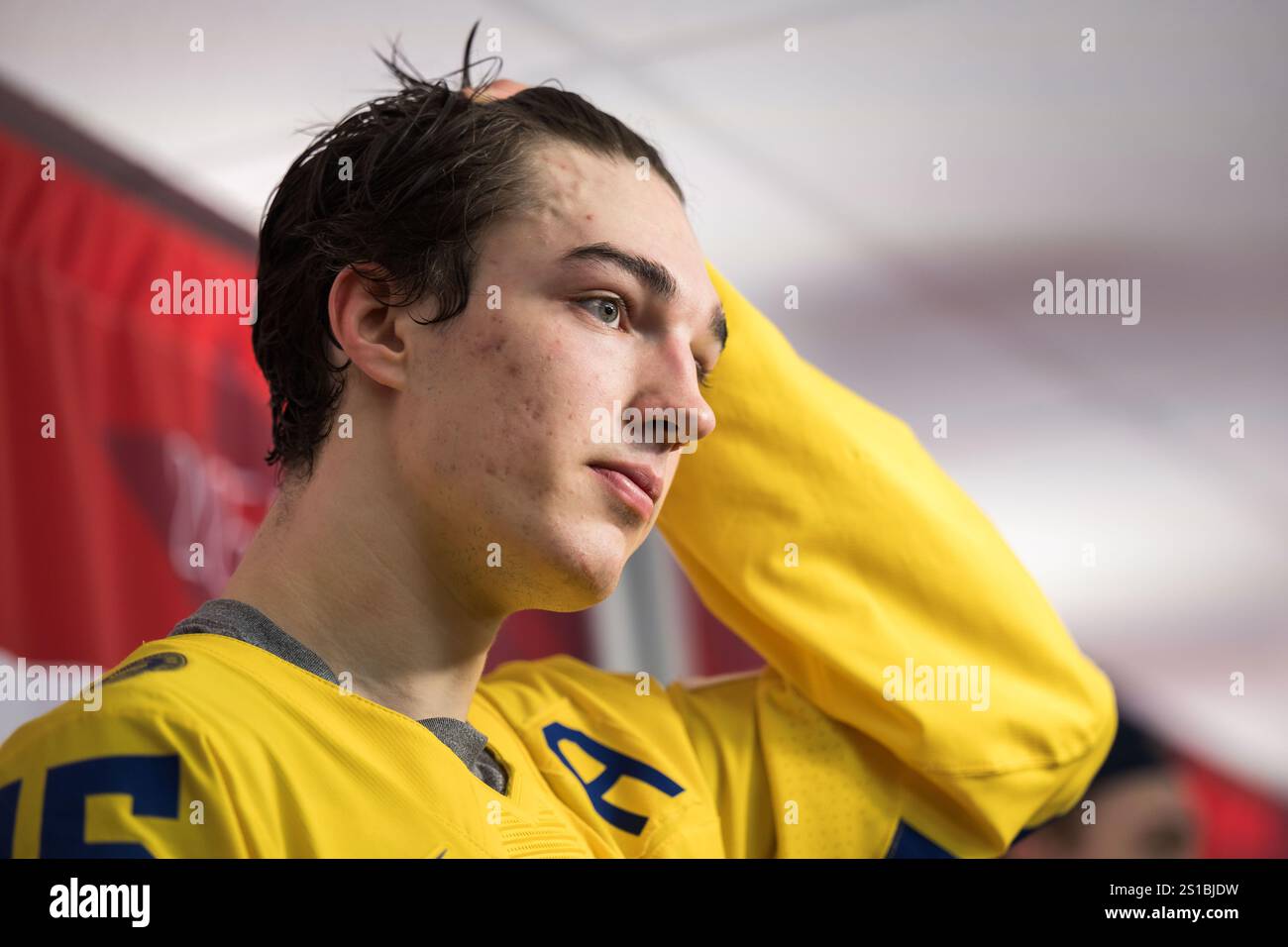 David Edstrom of, Sweden. , . in mixed zone after the 2025 IIHF World ...