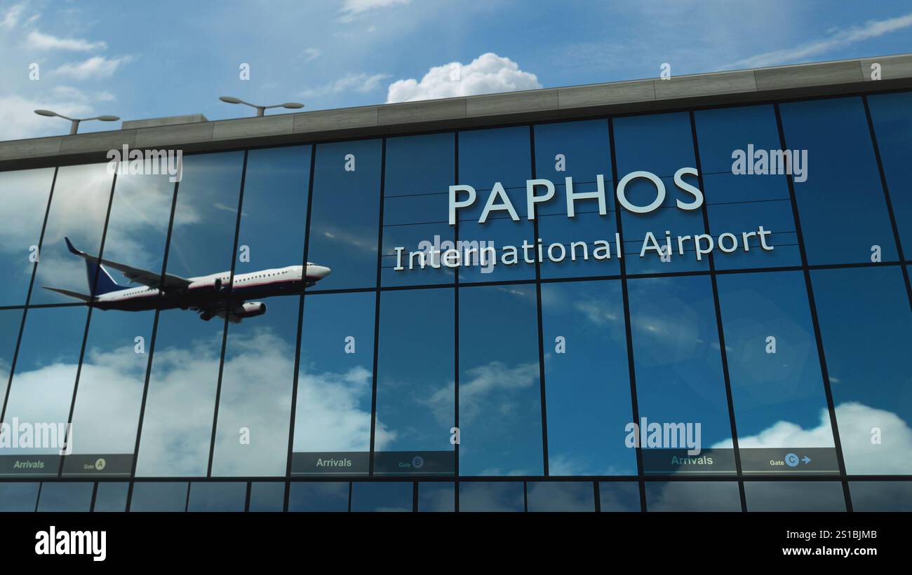 Aircraft landing at Paphos, Pafos, Cyprus 3D rendering illustration ...