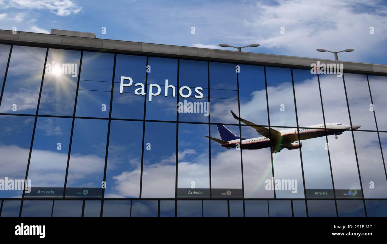 Aircraft landing at Paphos, Pafos, Cyprus 3D rendering illustration ...
