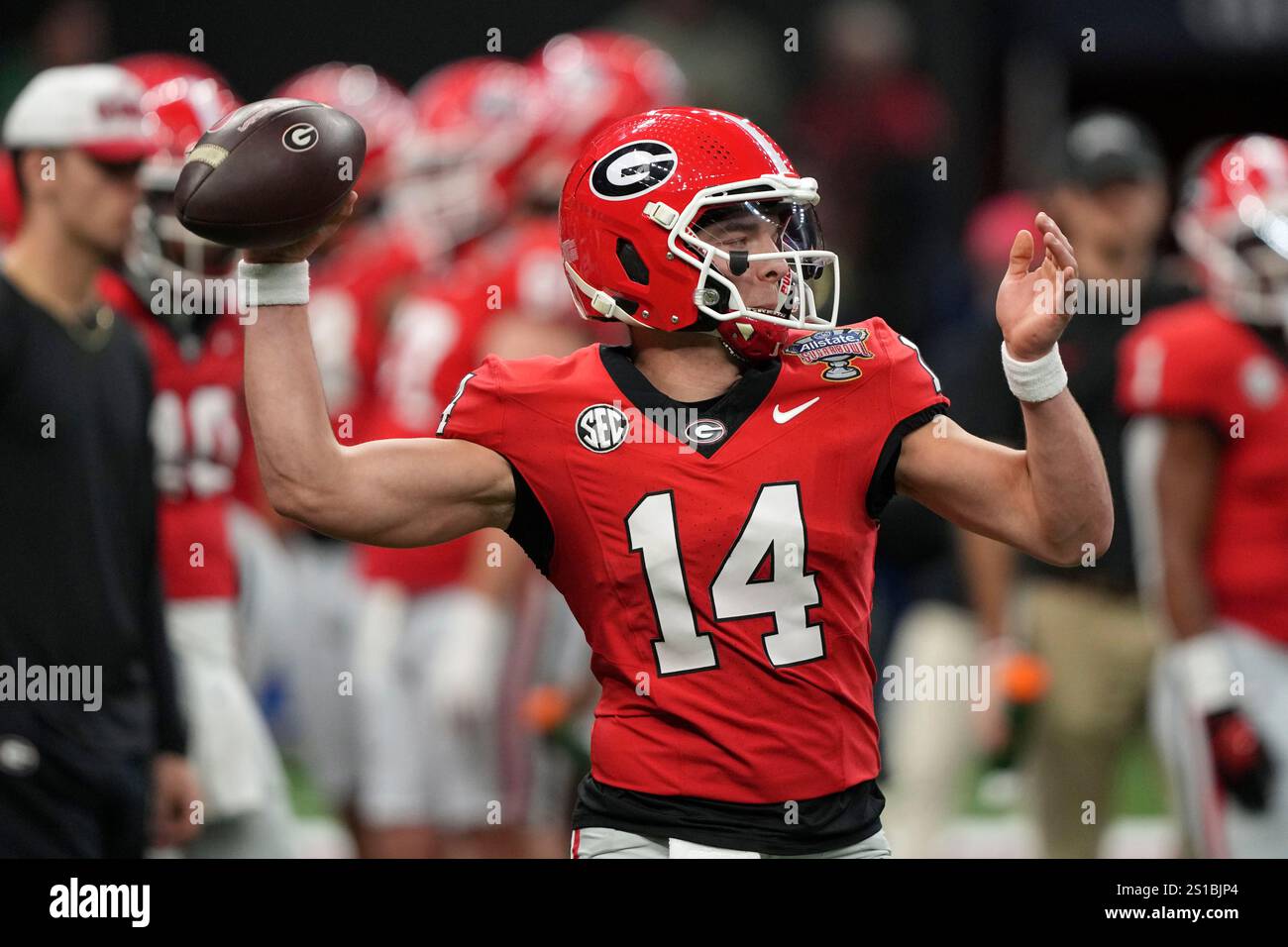 Georgia quarterback Gunner Stockton warms up before the quarterfinals ...