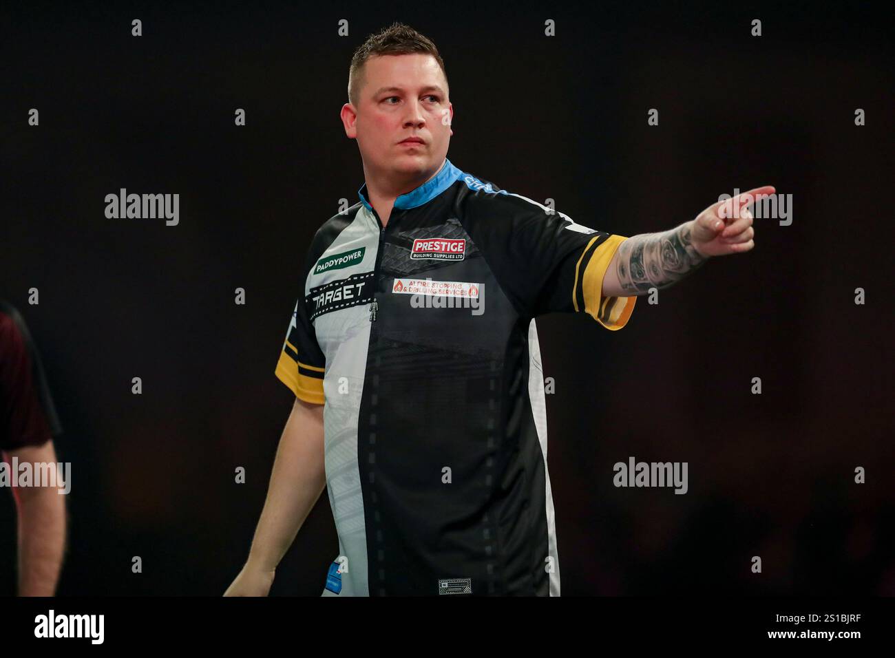 Chris Dobey celebrates and gestures during the Paddy Power World Darts ...