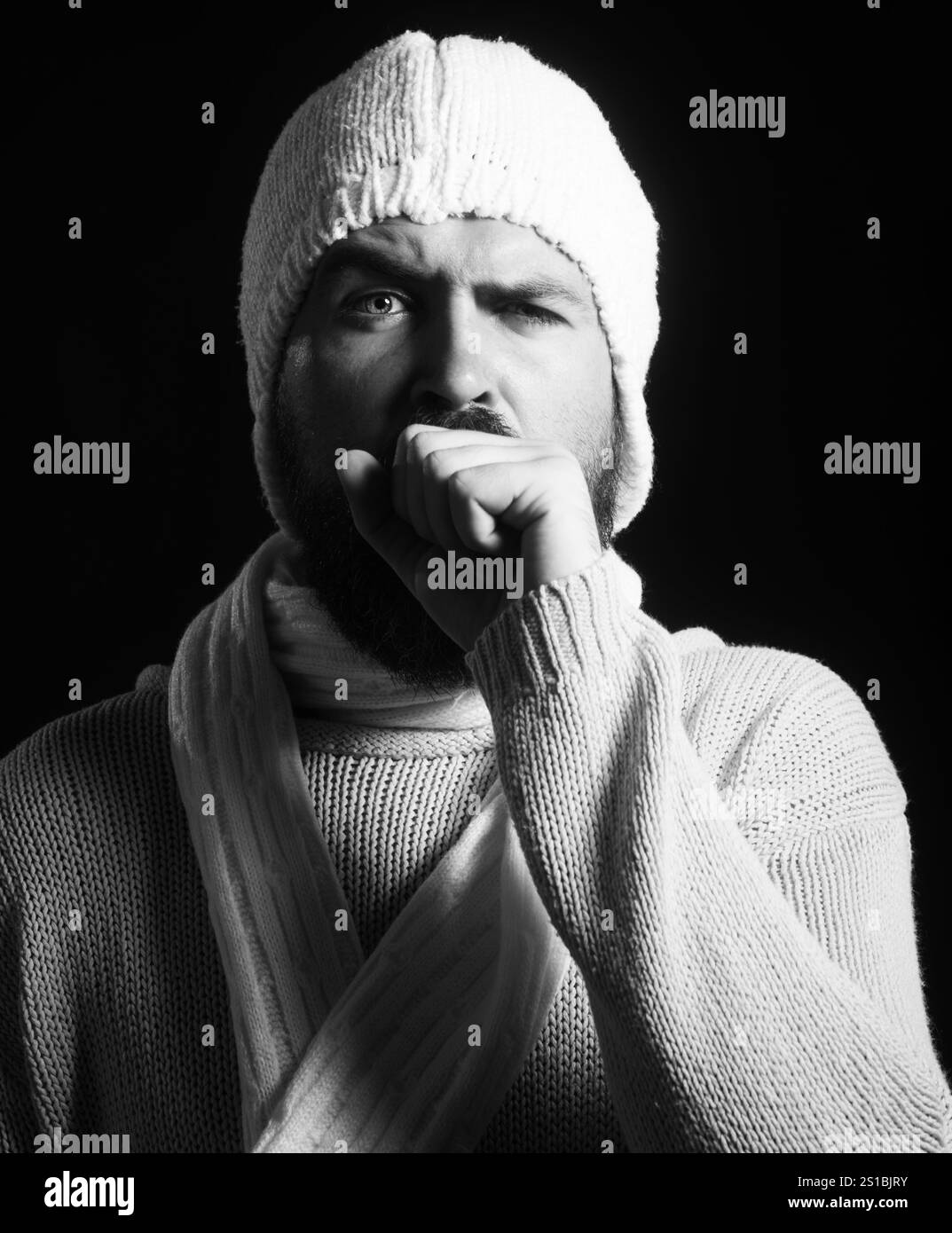 Handsome man having sore throat and coughing into his fist. Health ...