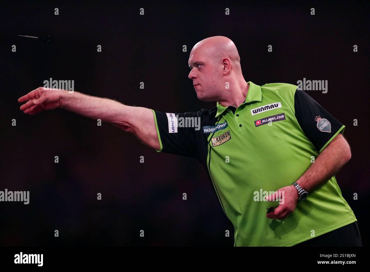 London, UK. 02nd Jan, 2025. Michael van Gerwen throws during the Paddy Power World Darts ...