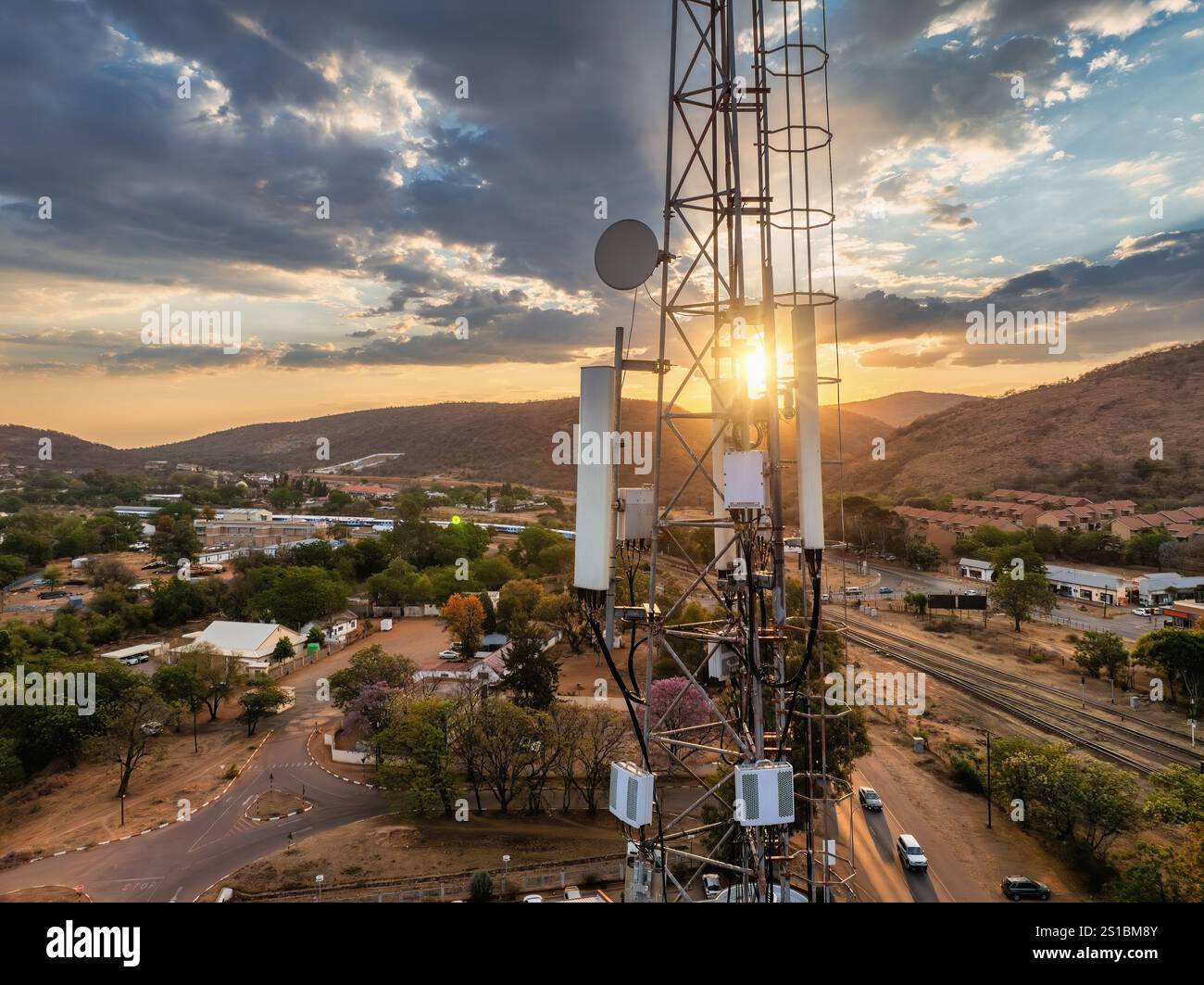 aerial view, cellular antenna at sunset, communications tower, mountain range Stock Photo - Alamy