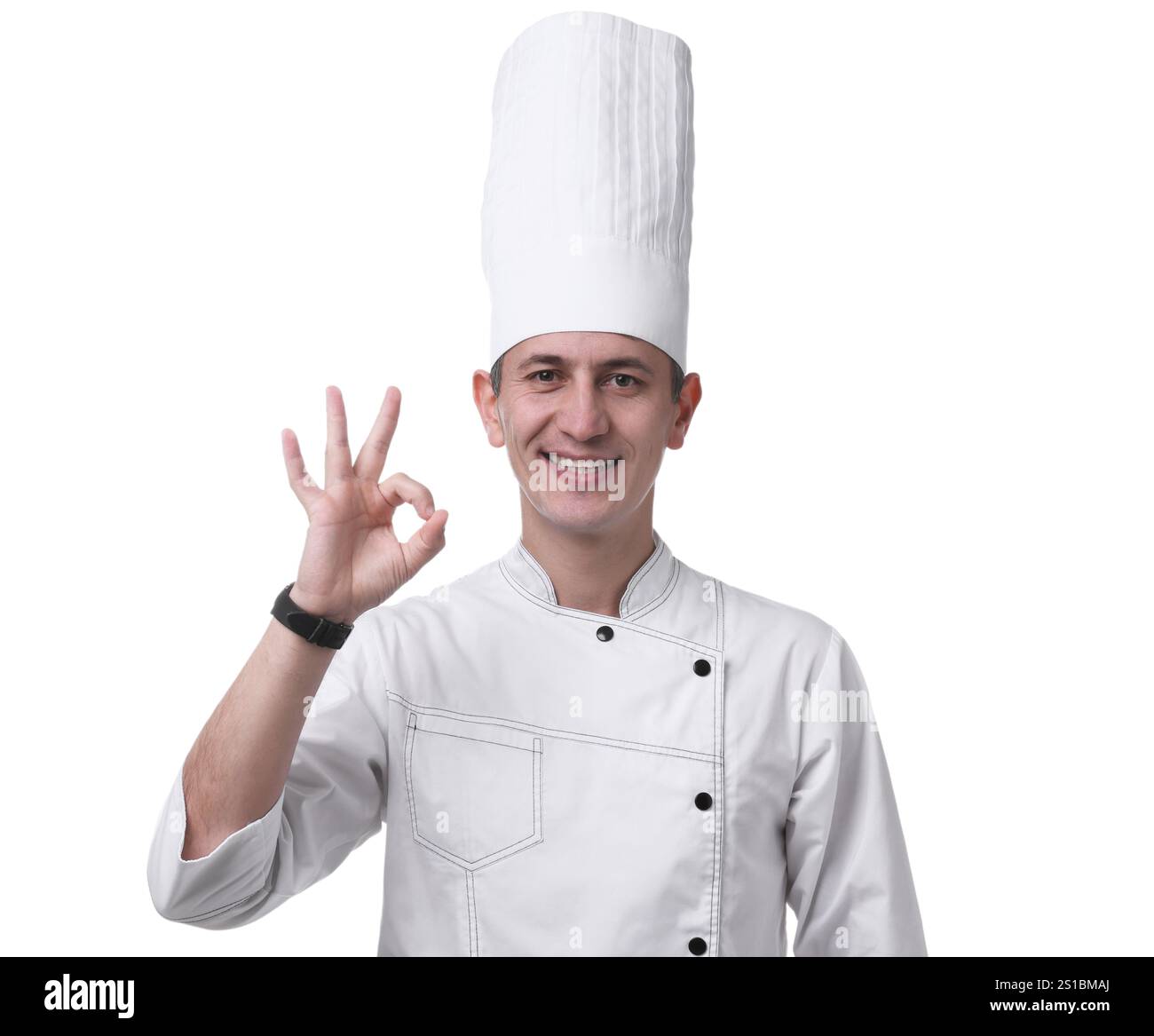 Professional chef showing okay gesture on white background Stock Photo ...