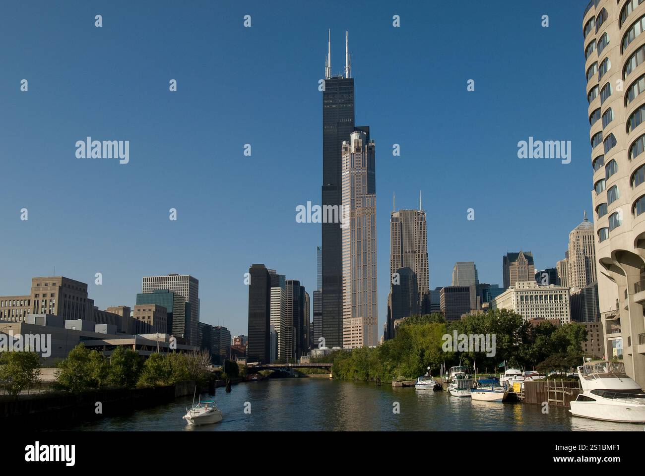 Sears Tower framed by highrises aligning the Chicago River - at 110 ...