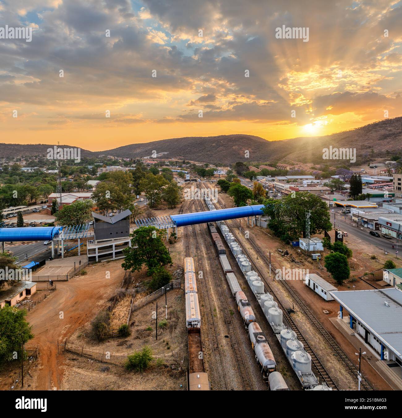aerial view, railway train tracks, african railroad, Lobatse, Botswana ...