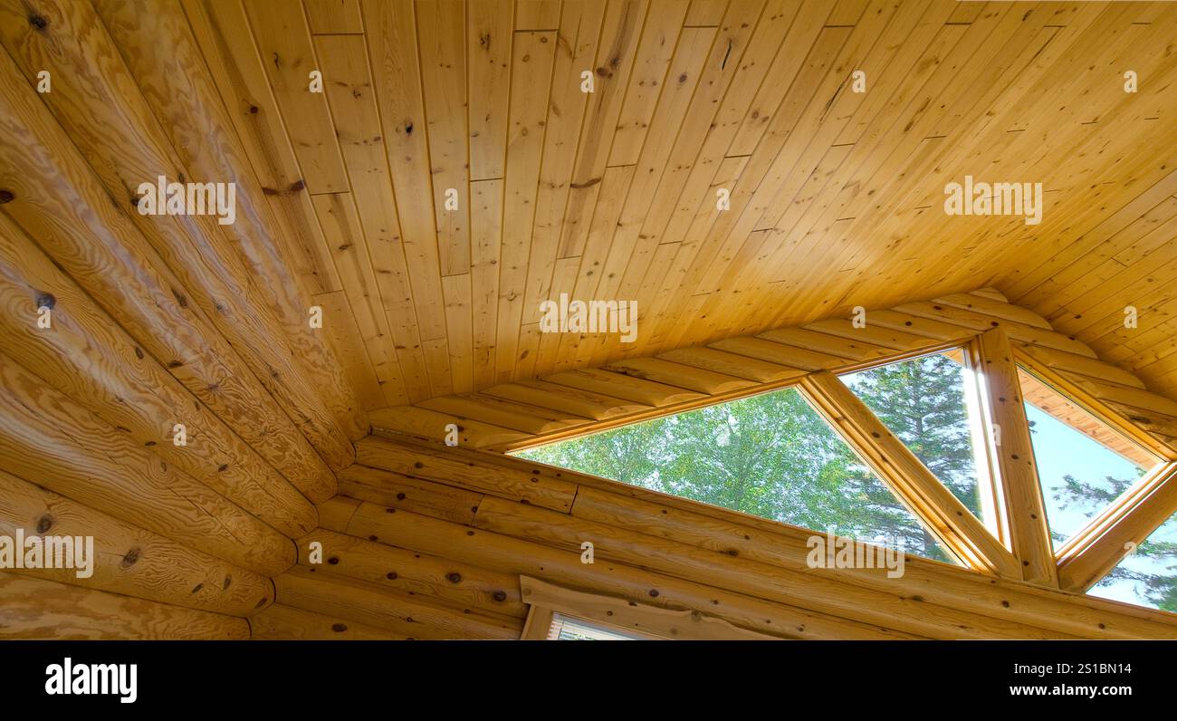 detail - interior of log cabin showing ceiling, walls and window ...