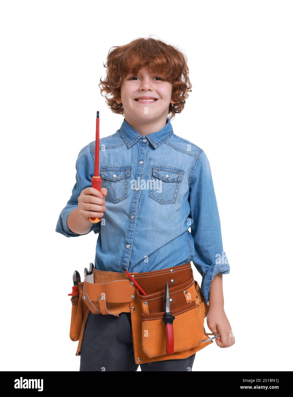 Little boy with tool belt and screwdriver on white background. Dreaming ...