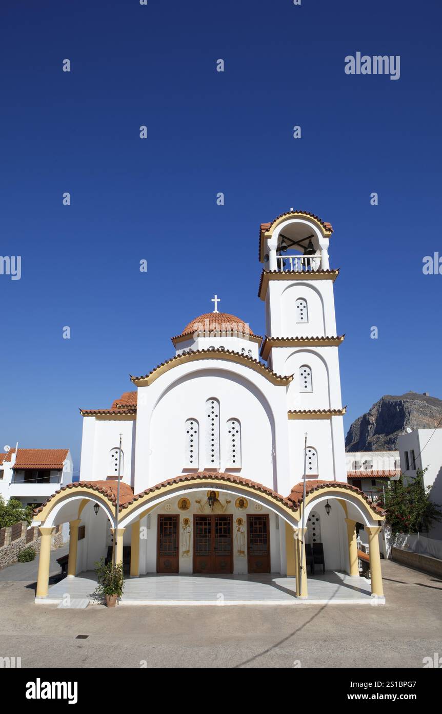 Church in the coastal town of Gefyra, behind the rock of Monemvasia ...