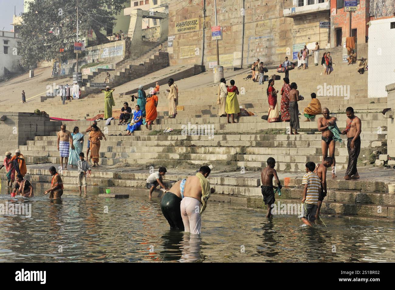 Varanasi, Uttar Pradesh, India, Asia, People bathing and washing on a ...