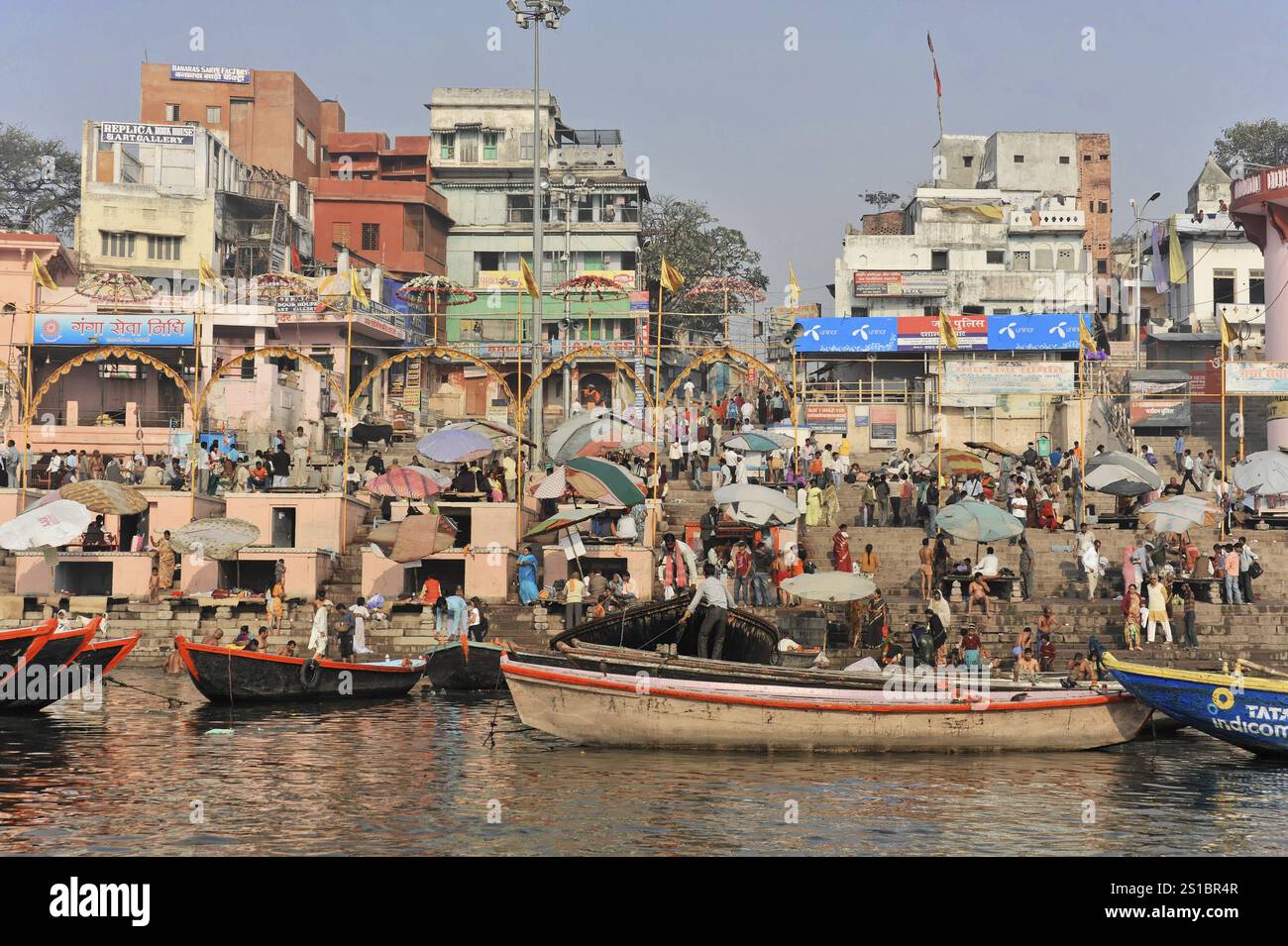 Varanasi, Uttar Pradesh, India, Asia, Busy riverside promenade with ...