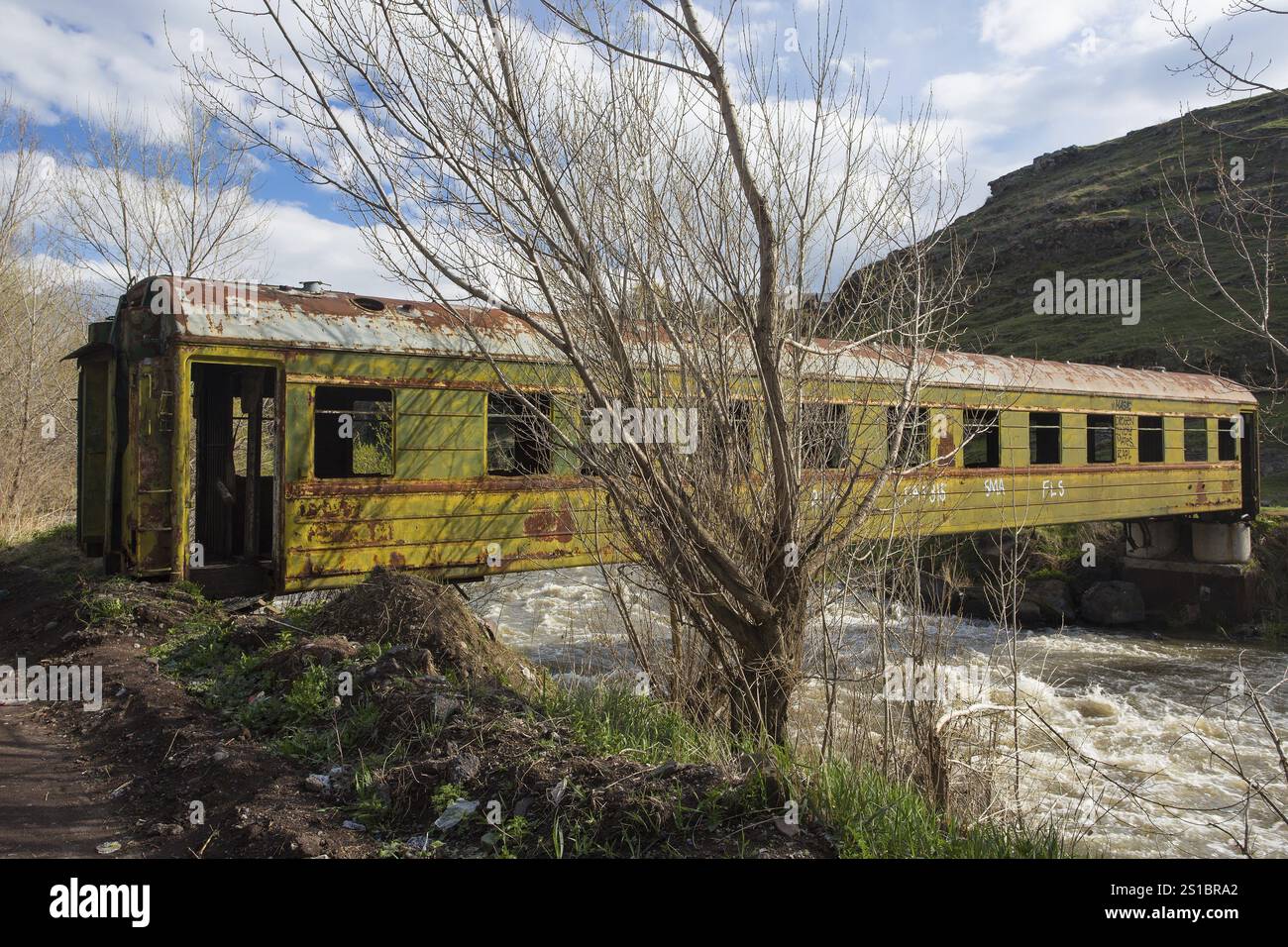 Bridge, old train carriage, river, Lesser Caucasus, Georgia, Asia Stock ...