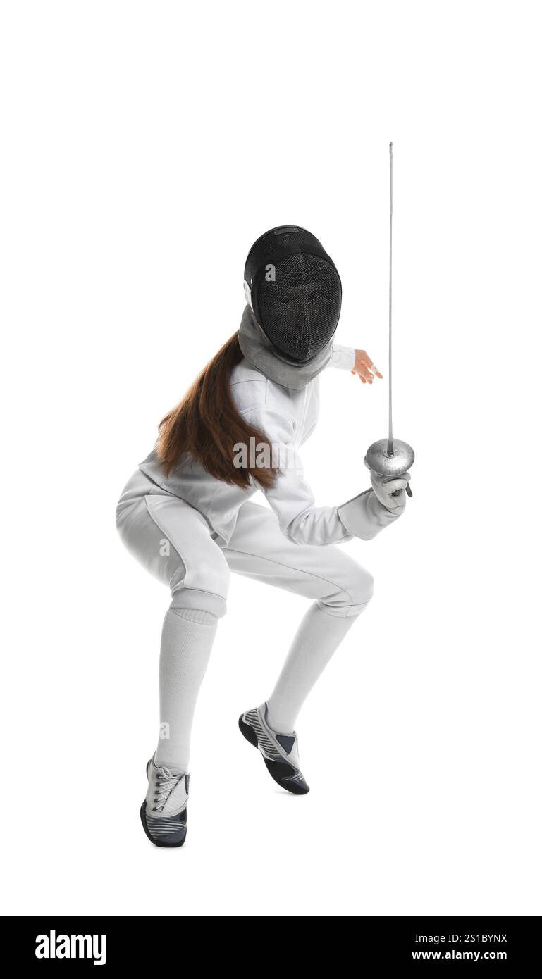 Fencer with epee practicing on white background Stock Photo - Alamy