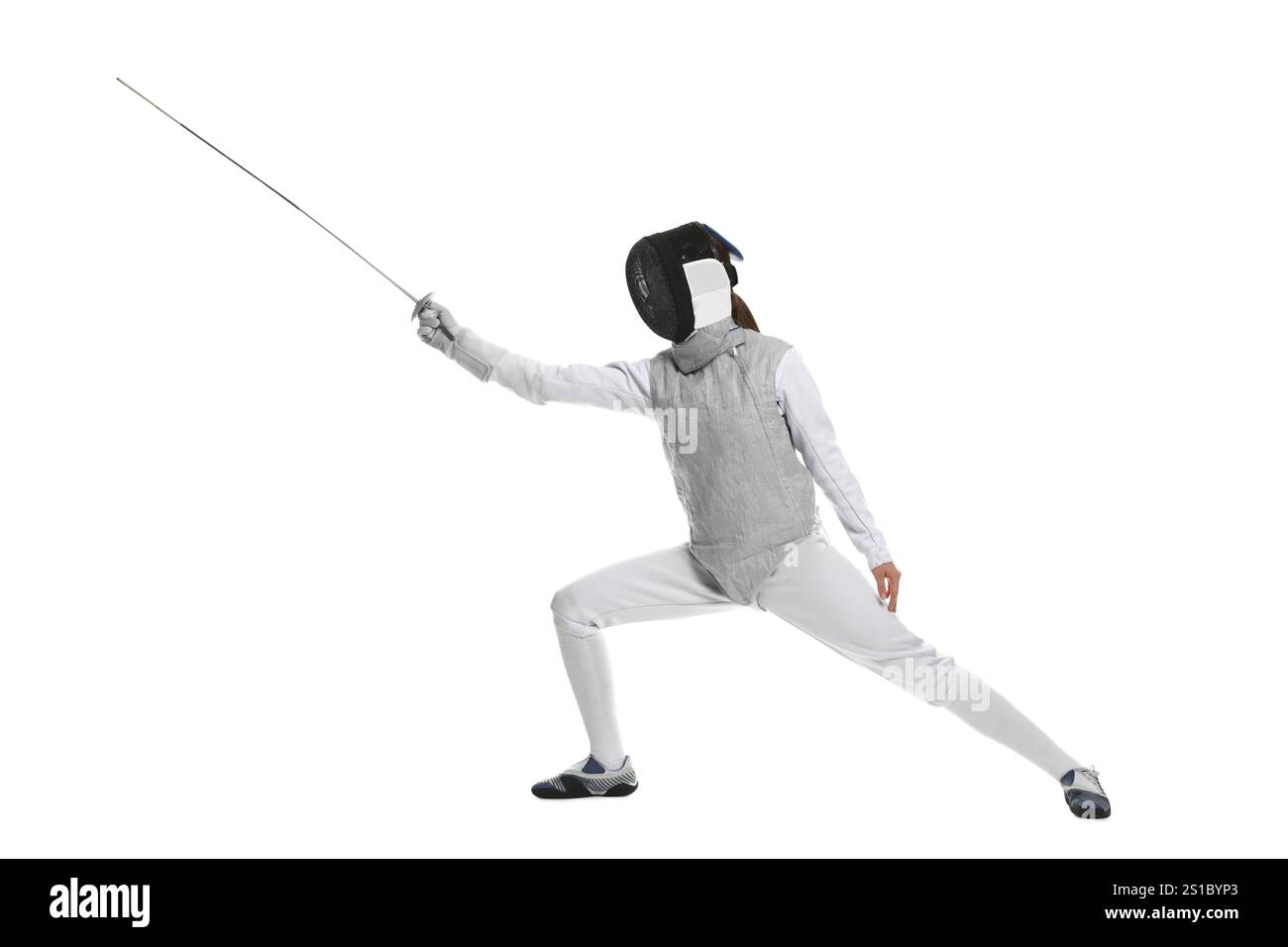 Fencer with epee practicing on white background Stock Photo - Alamy