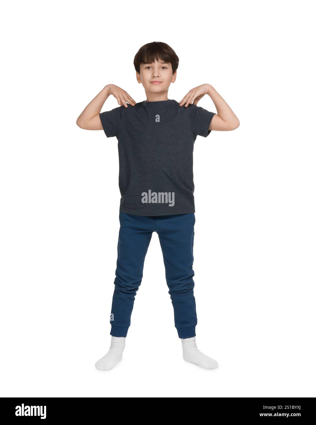 Boy doing exercise on white background. Sport activity Stock Photo - Alamy