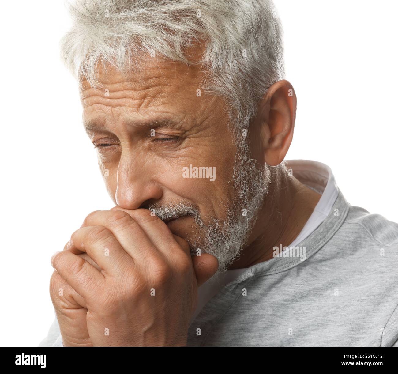 Sad senior man crying on white background Stock Photo - Alamy