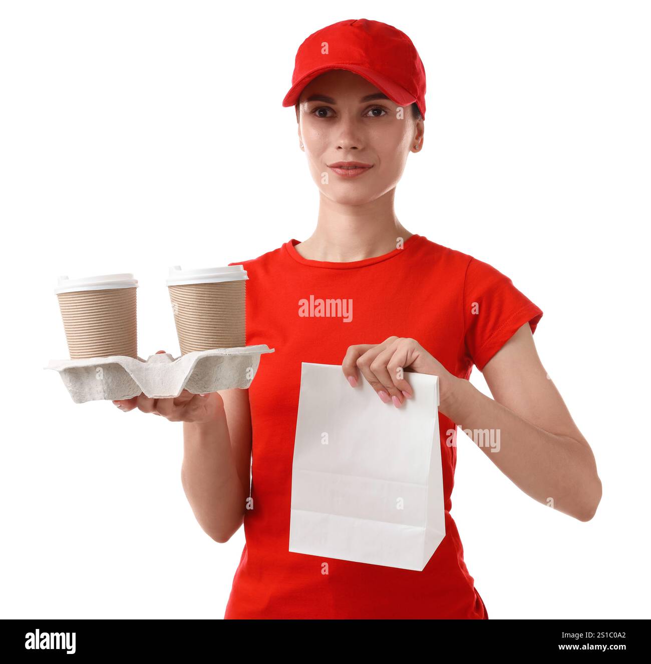 Fast-food worker with paper cups and bag on white background Stock ...