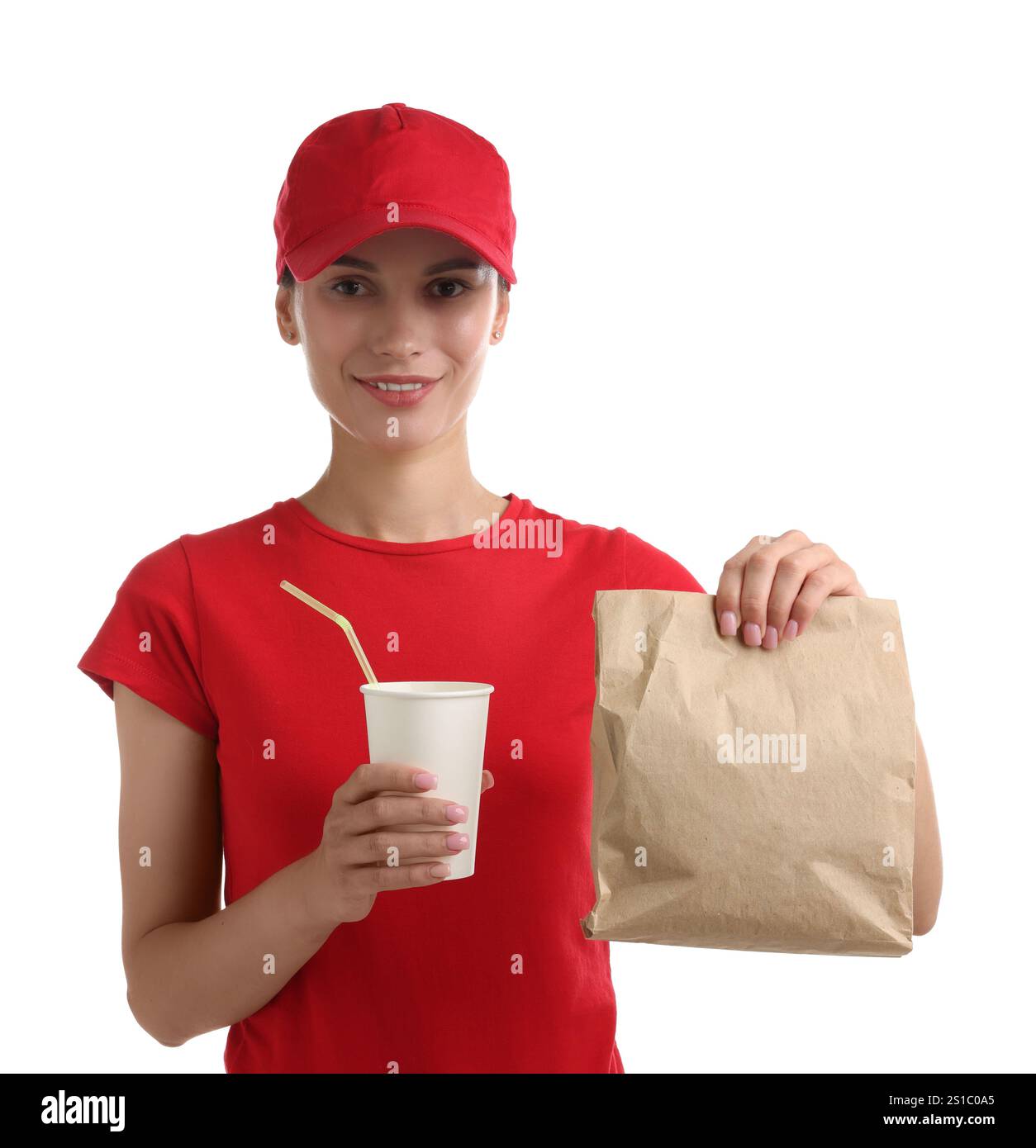 Fast-food worker with paper bag and cup on white background Stock Photo ...