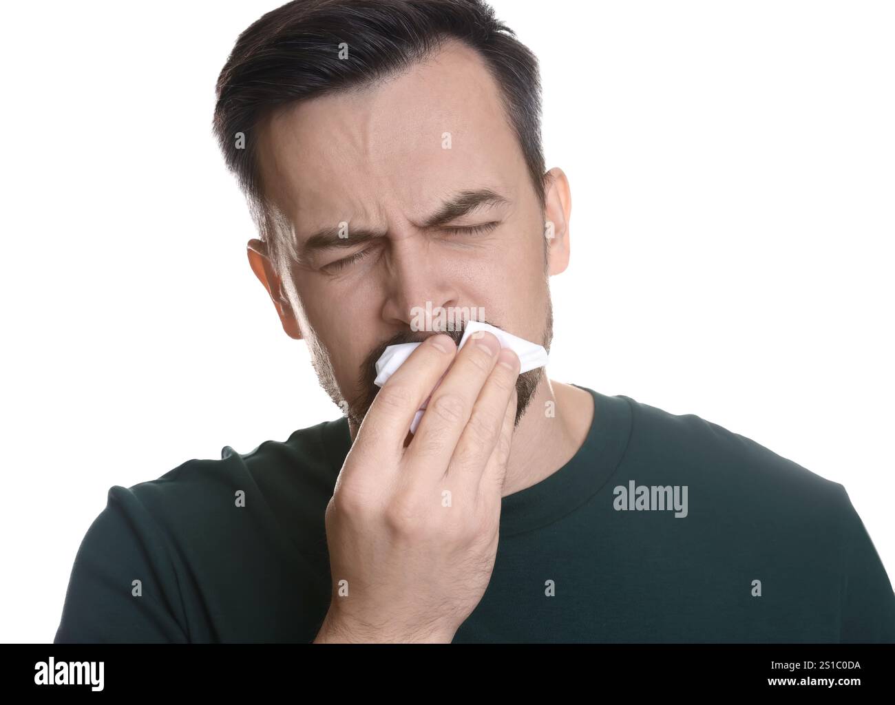 Sad man with paper tissue crying on white background Stock Photo - Alamy