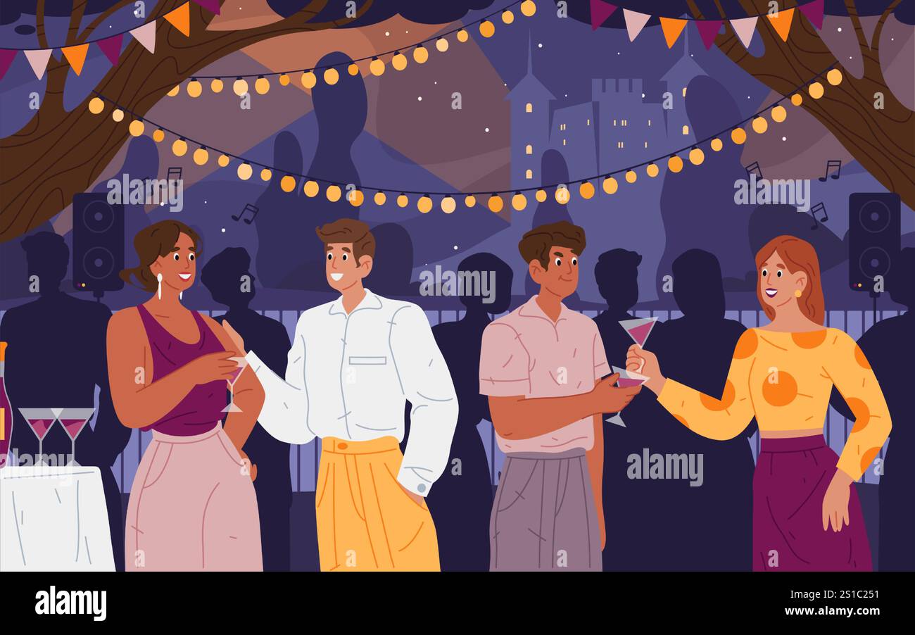 Crowd at cocktail party drinking martini. Vector holiday at nightclub ...