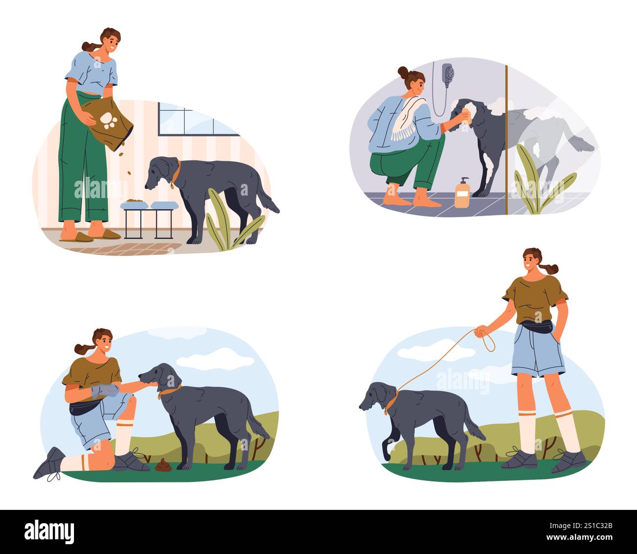 Set of pet care sign or dog caring activity vector clipart. Sign with ...