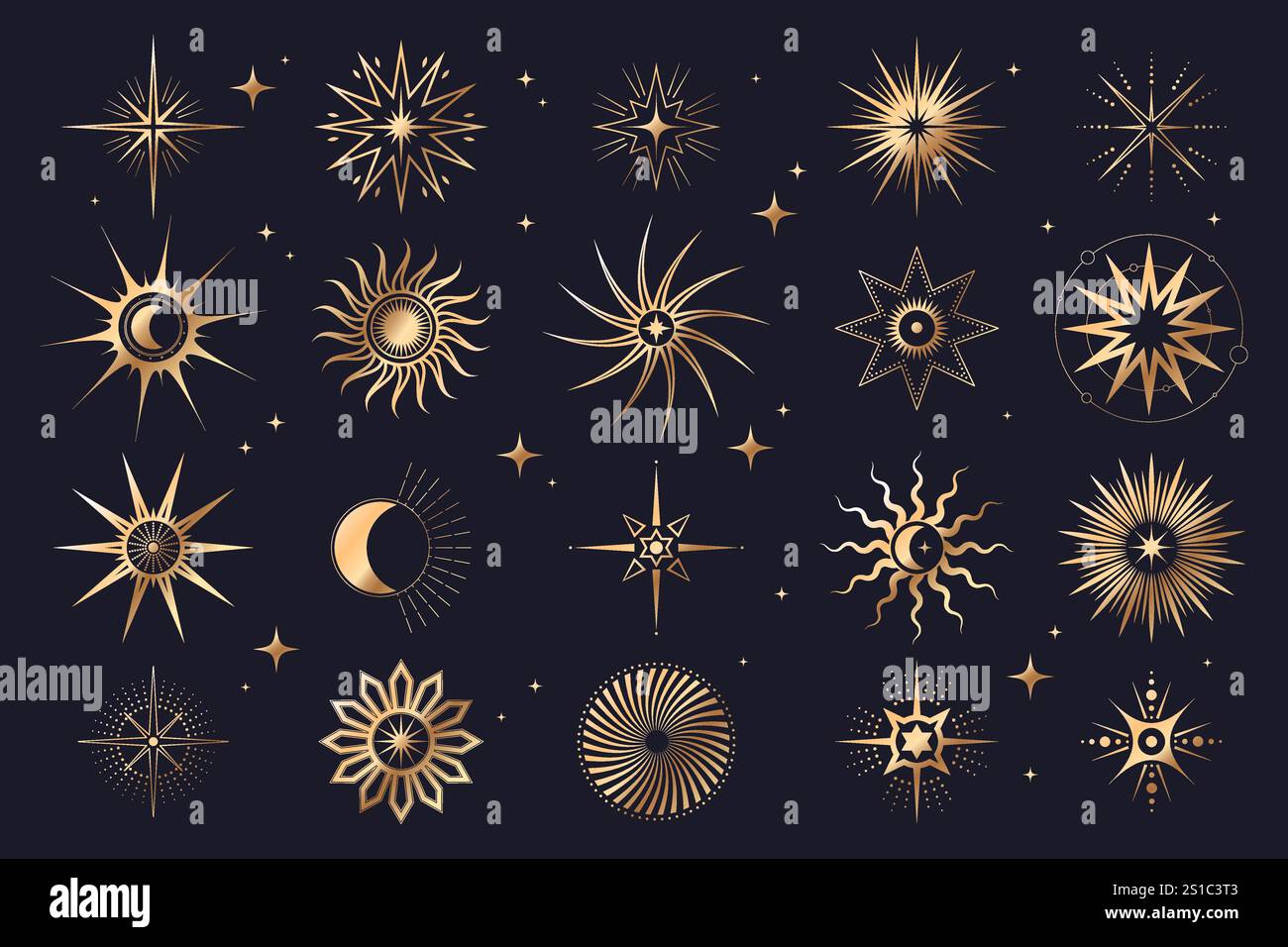 Set of sun, moon and star icons. Vector sky elements with starburst ...