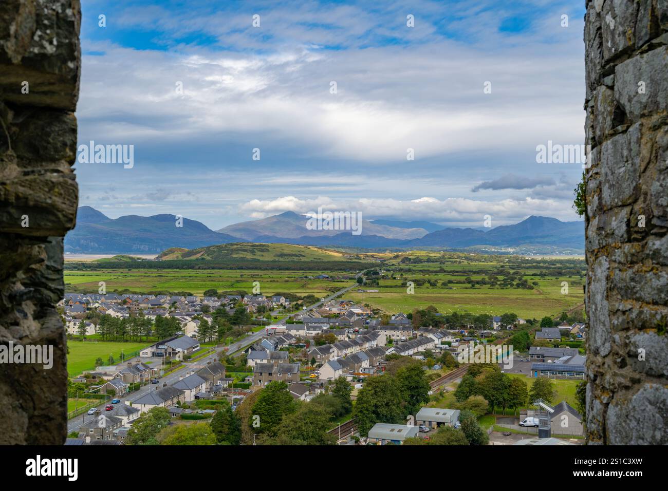 Harlech and Yr Wyddfa from Harlech Castle, Harlech Wales Stock Photo ...