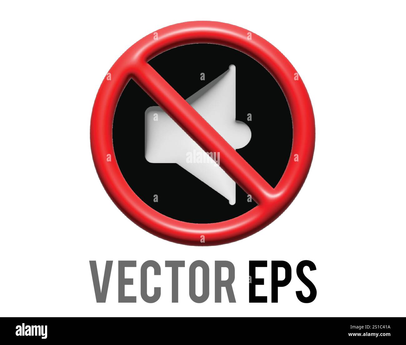 The isolated 3D red circle restricted icon with muted volume speaker ...